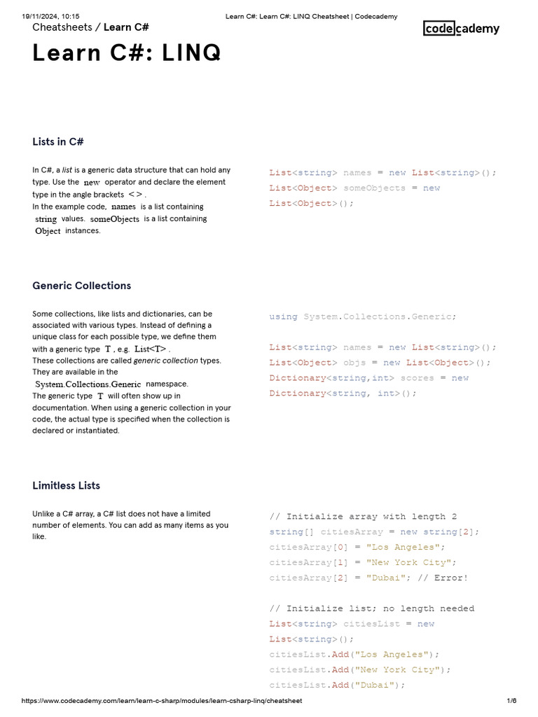 Learn C Linq Cheatsheet Codecademy Pdf C Sharp Programming Language Language