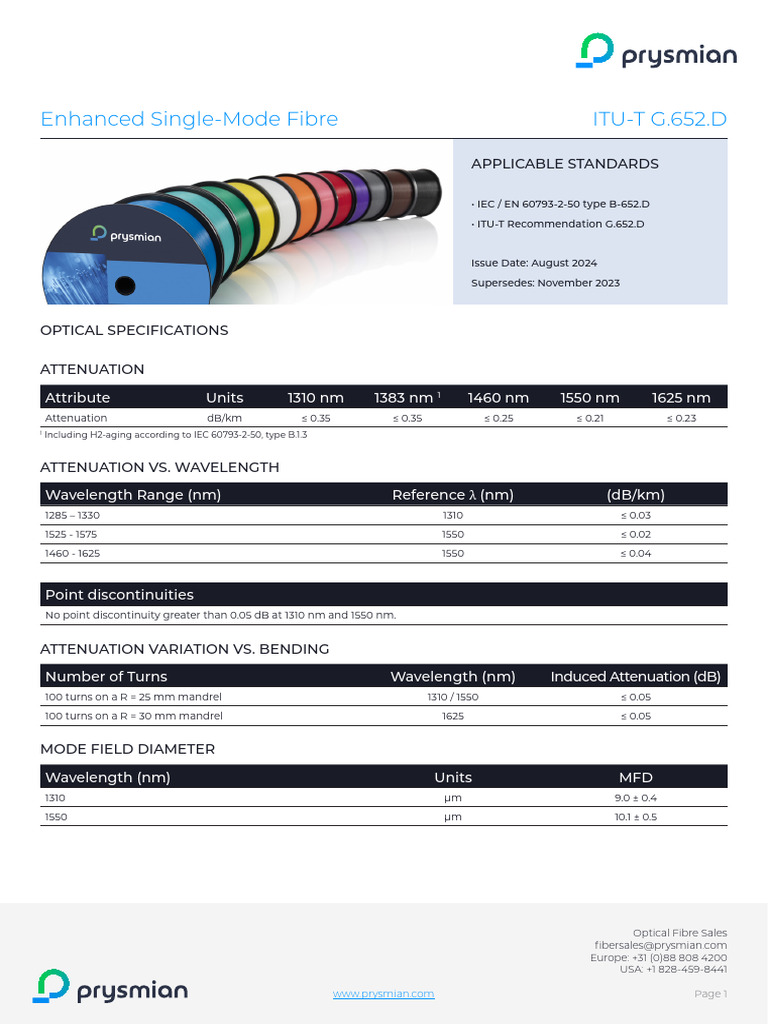 Prysmian Enhanced Single Mode G 652 D Datasheet | PDF | Optical Fiber ...