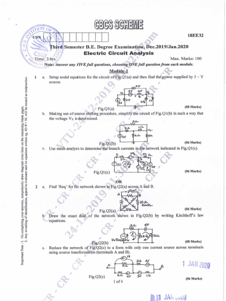 VTU Question Paper of 18EE32 Electric Circuit Analysis Dec - 2019 | PDF