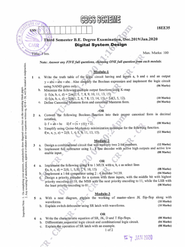 VTU Question Paper of 18EE35 Digital System Design Dec - 2019 | PDF