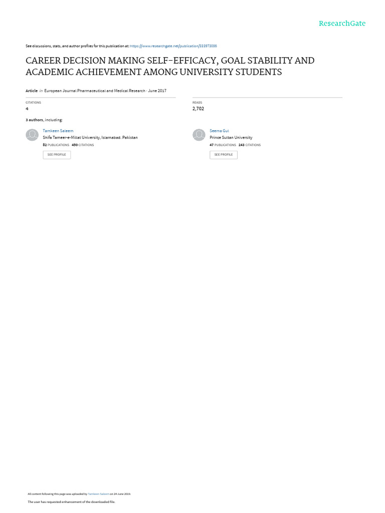 Career Decision Making Self-Efficacy, Goal Stability and Academic Achievement Among University ...