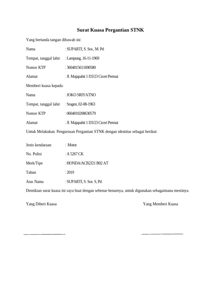 Surat Kuasa Pengurusan STNK | PDF