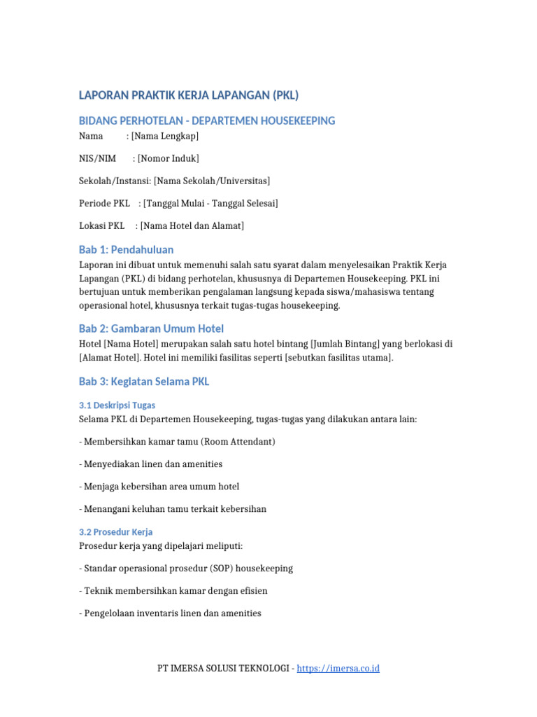 Contoh Laporan PKL Perhotelan Housekeeping DOC | PDF