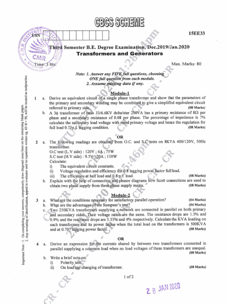 VTU Question Paper of 15EE33 Transformers and Generators Dec - 2019 | PDF
