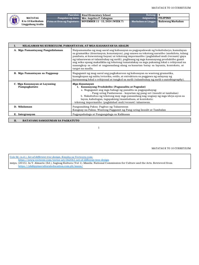 DLL Matatag - Filipino 4 Q2 W7 | PDF