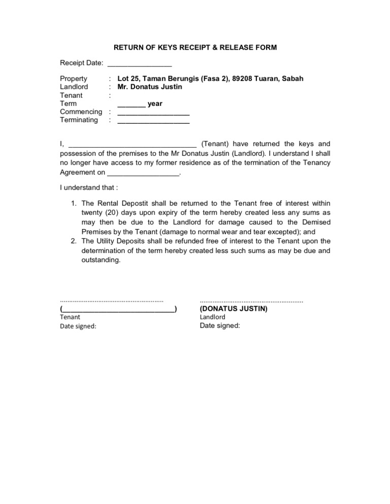 Return of Keys Receipt Blank | PDF | Leasehold Estate | Landlord