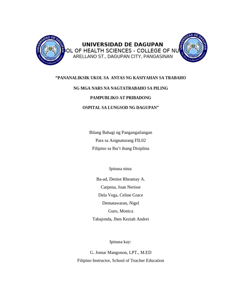 Pananaliksik Ukol Sa Antas NG Kasiyahan Sa Trabaho NG Mga Nars Na ...