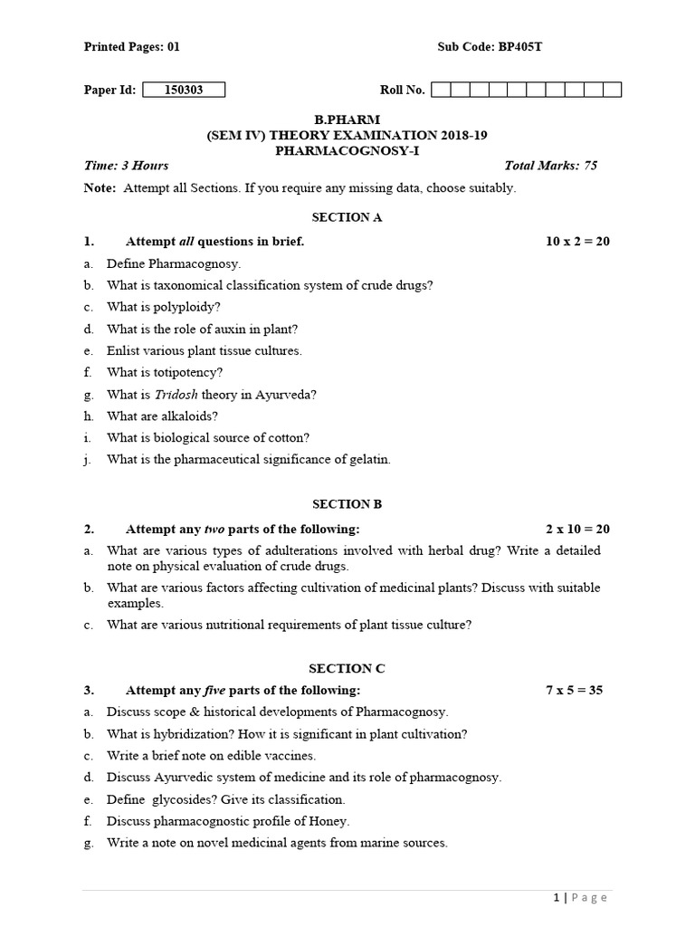 Pharmacognosy 1 ST Previous Year Question Paper | PDF | Pharmacognosy | Drugs