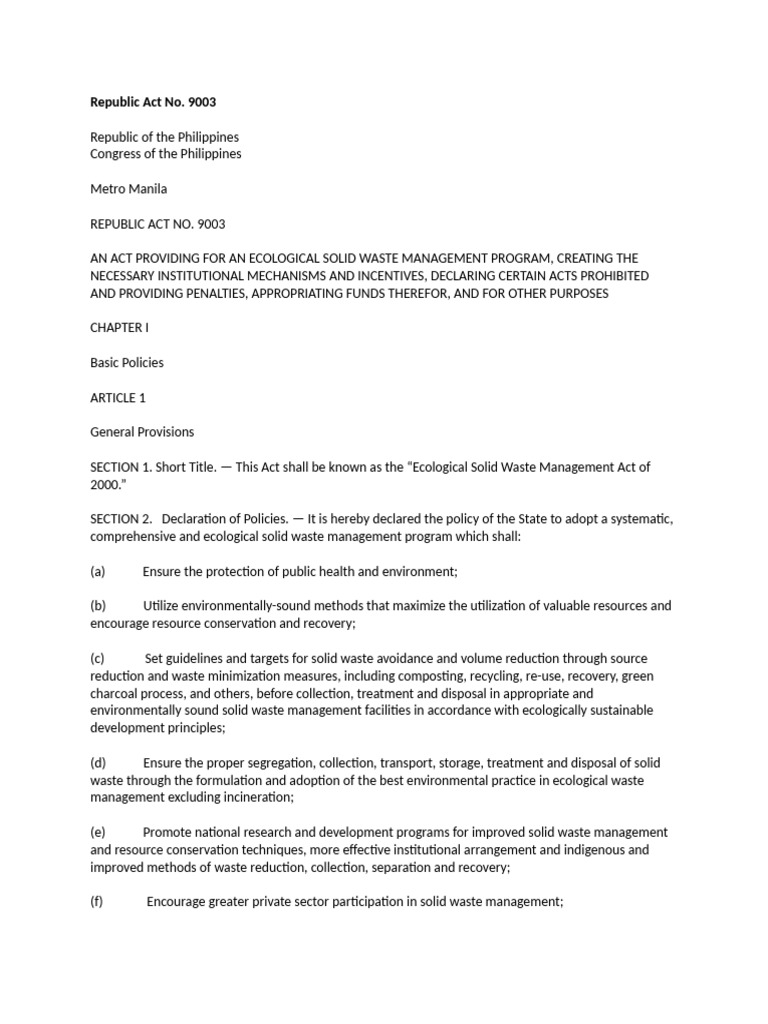 Republic Act No. 9003 | PDF | Waste Management | Waste
