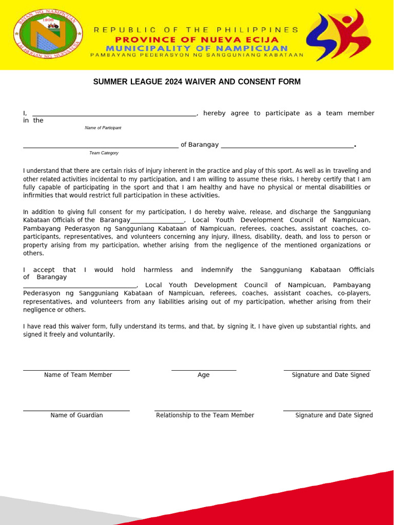 Summer League 2024 Waiver and Consent Form | PDF