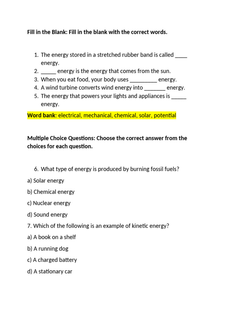 Forms of Energy Quiz | PDF
