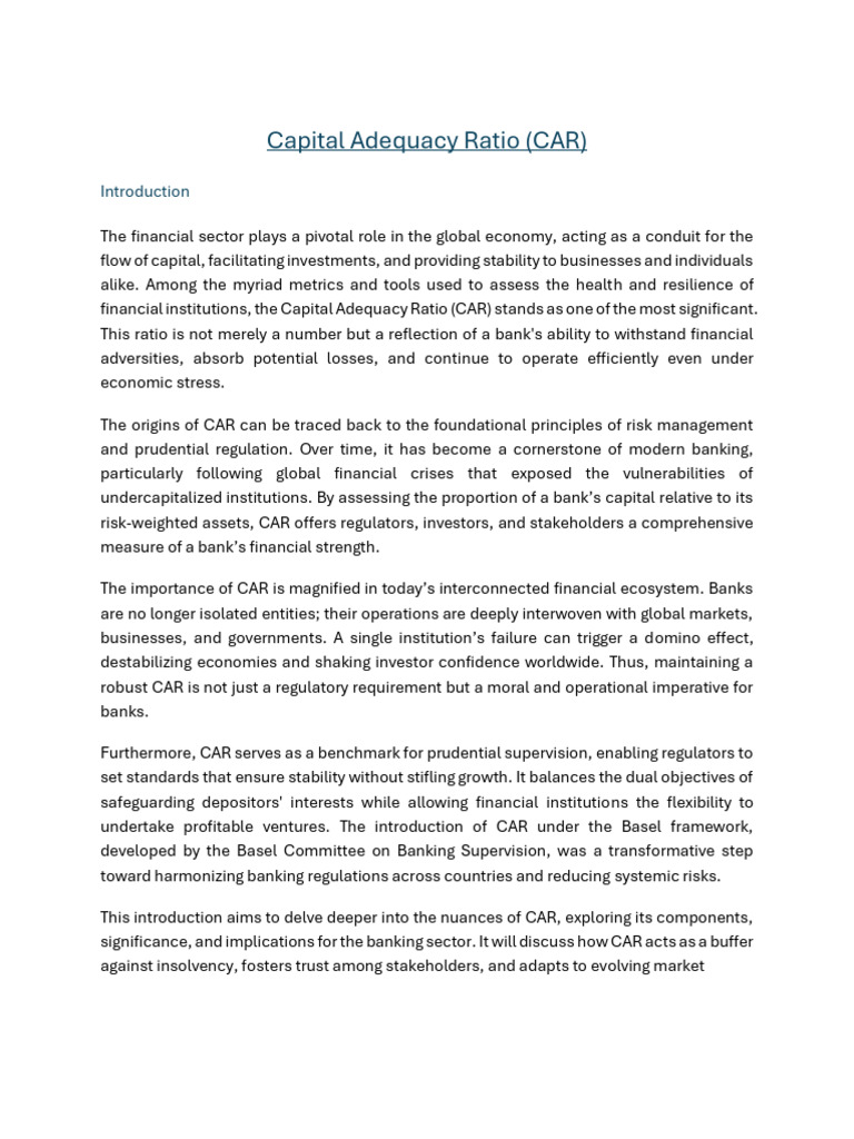 Capital Adequacy Ratio (CAR) A Comprehensive Analysis | PDF | Interest | Banks