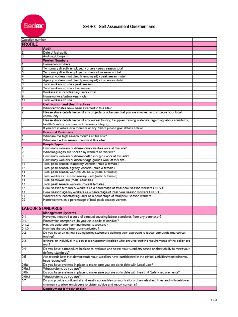 Sedex Questionnaire Nazmul | PDF | Piece Work | Overtime