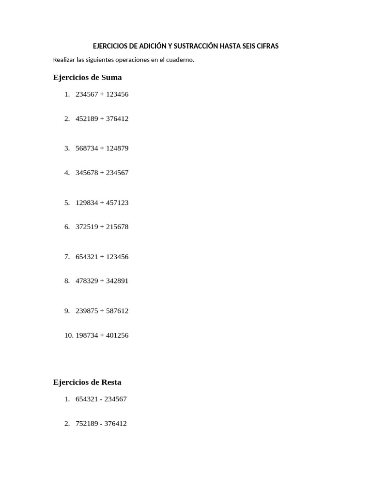Ejercicios de Adición y Sustracción Hasta Seis Cifras | PDF