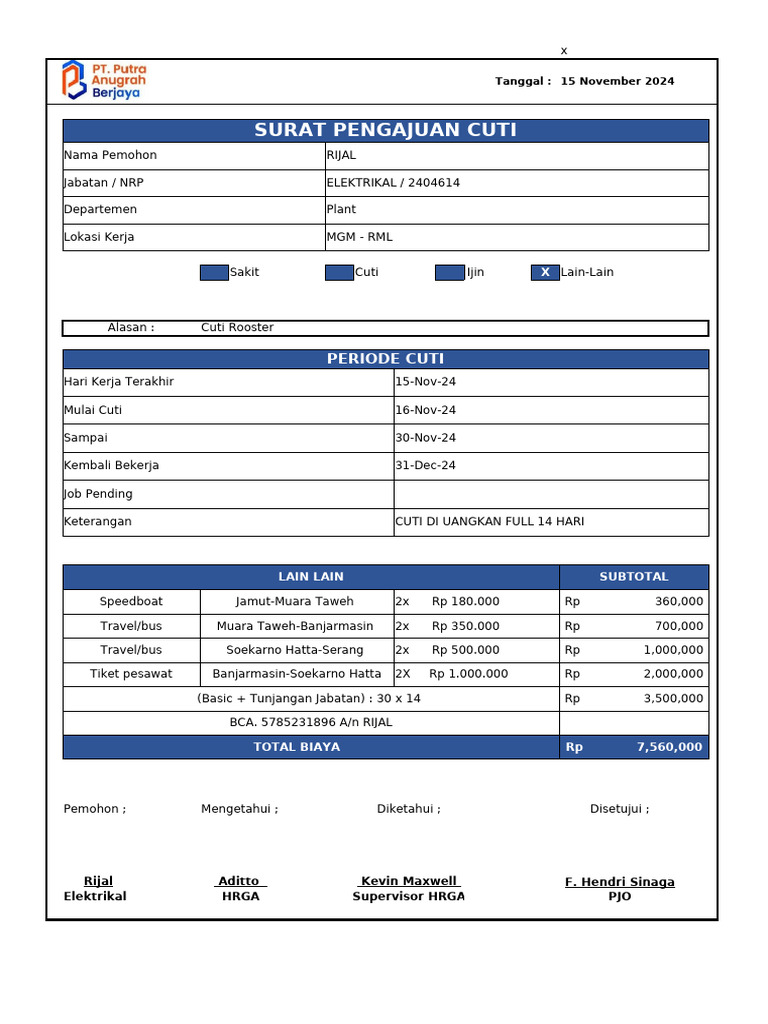 Surat Cuti Roster Rijal 2024 | PDF