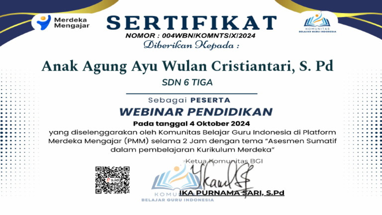 Sertifikat Anak Agung Ayu Wulan | PDF