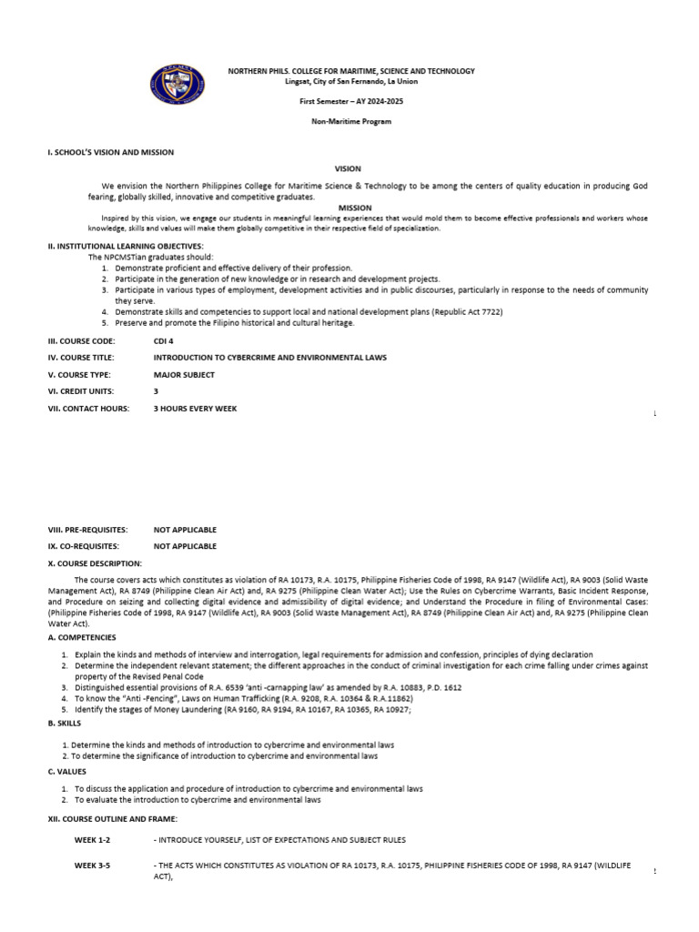 SYLLABUS IN CDI 9 | PDF | Environmental Law | Confession (Law)