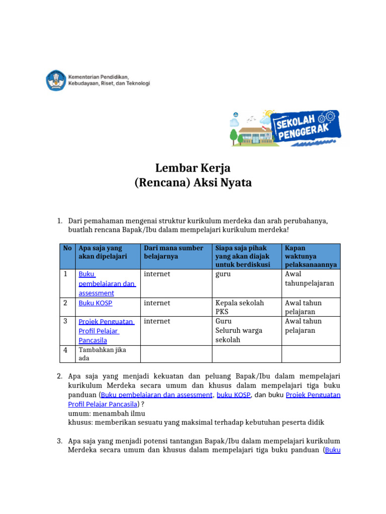 Rencana Aksi Pelajari Kurikulum Merdeka | PDF