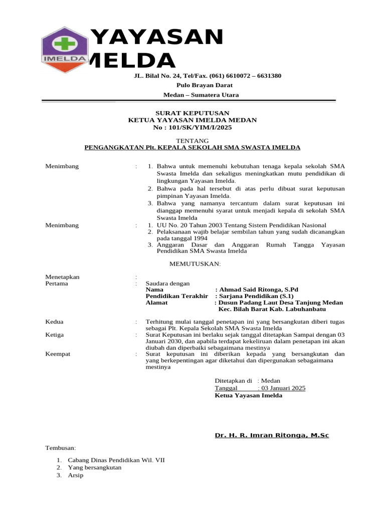 SK Pengangkatan Plt. Kepala Sekolah | PDF