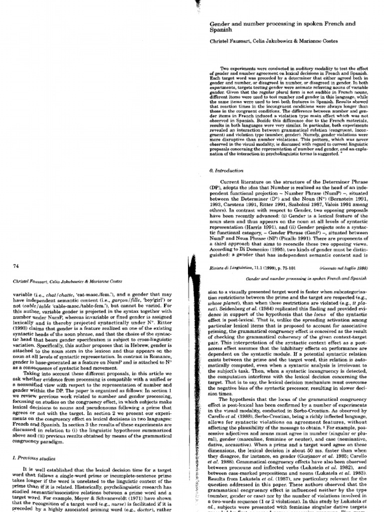 Faussart-Jakubowicz-Costes | PDF | Grammatical Gender | Grammatical Number