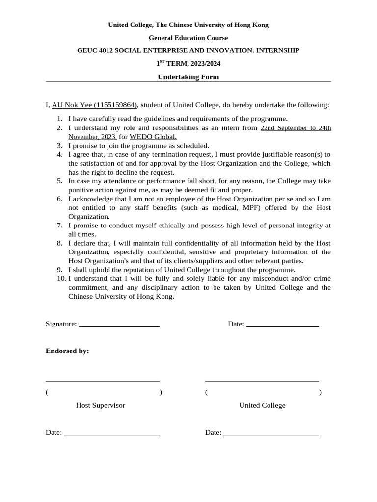 Attachment 1 - GEUC 4012 Internship Programme - Undertaking Form (2023 ...