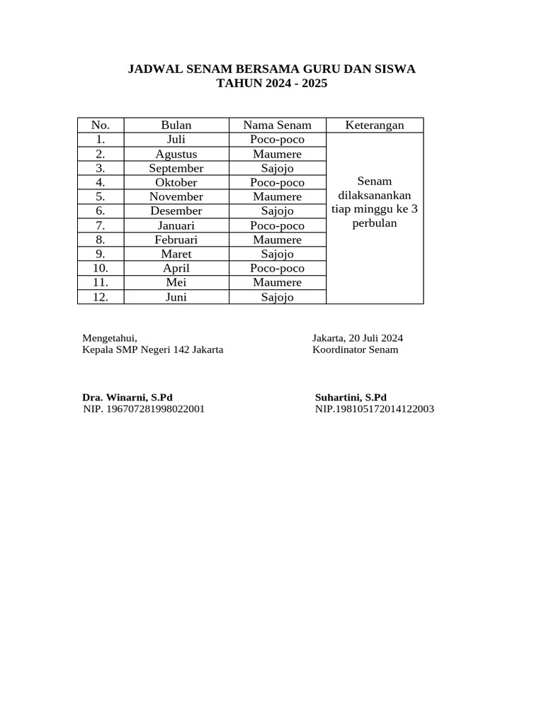Jadwal Senam 2024-2025 SMP Negeri 142 | PDF