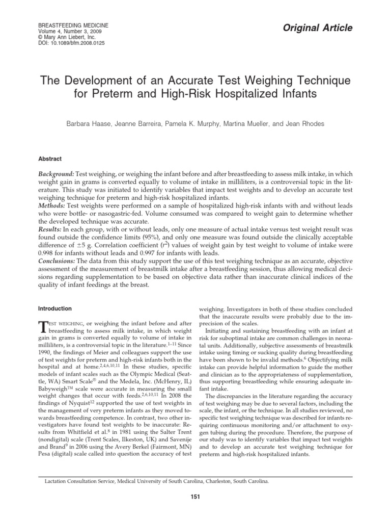 The Development of an accurate test weighing technique for preterme and ...