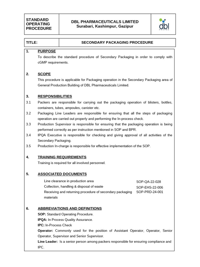 SOP For Secondary Packaging | PDF | Packaging And Labeling | Business ...