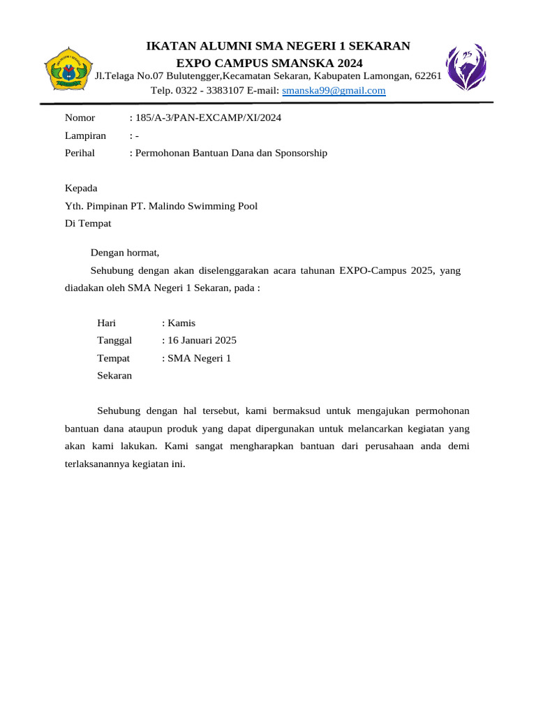 185_Surat Permohonan Sponsorship Malindo Swimming Pool.docx | PDF