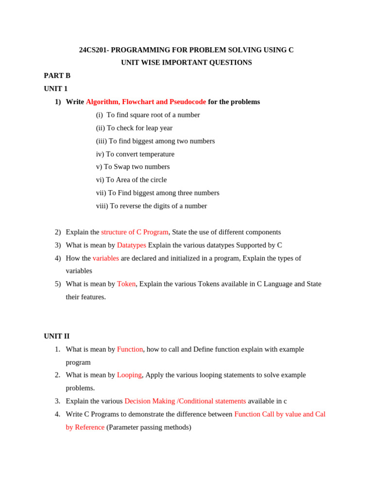 Important Questions C Programming Pdf Pointer Computer Programming