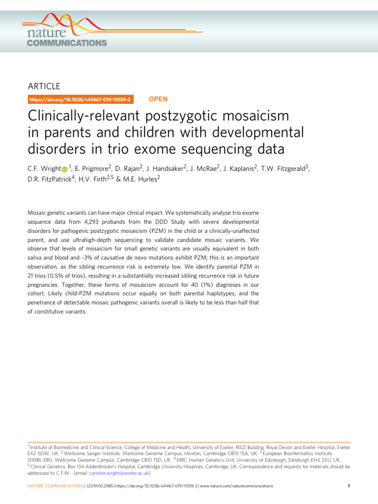 Clinically-Relevant Postzygotic Mosaicism in Parents and Children With ...