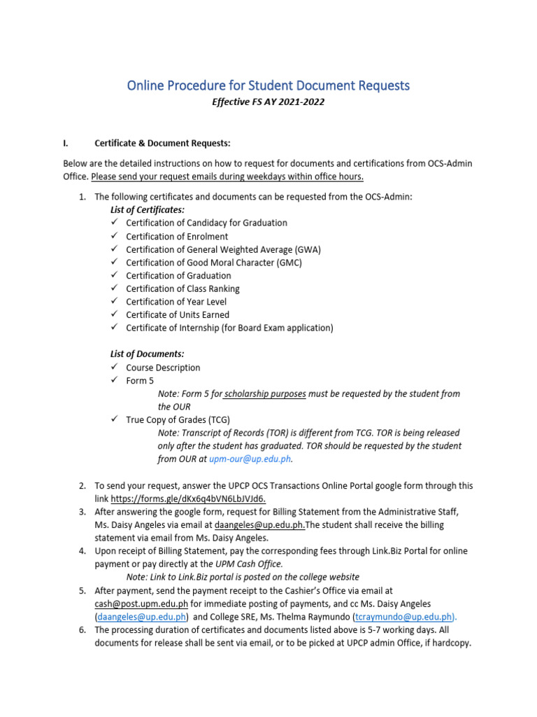 Online Procedural Guidelines For Student Document Requests | PDF ...