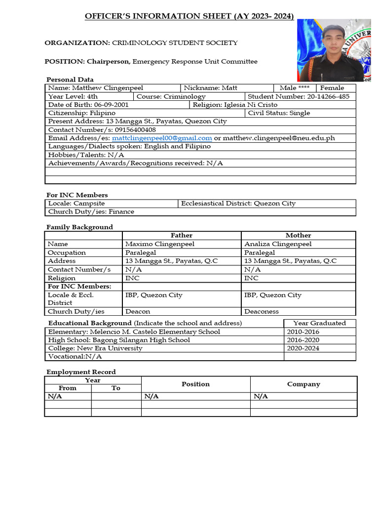 Criminology Student Officer Profile 2023 | PDF