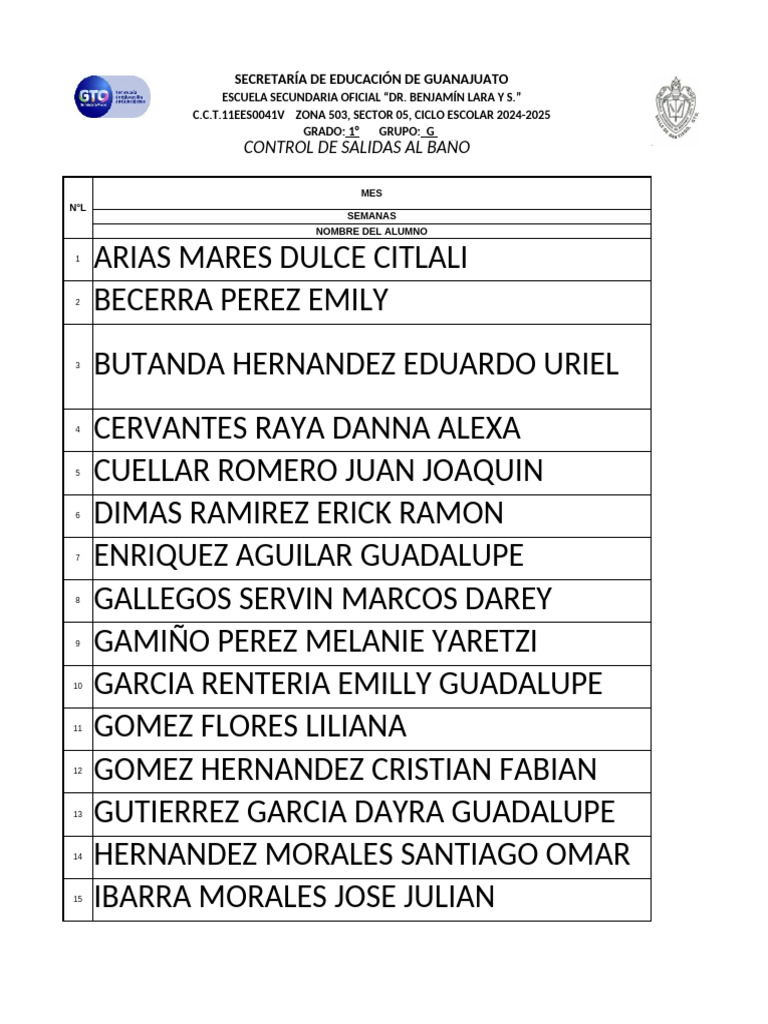 Control de Salidas al Baño 2024-2025 | PDF