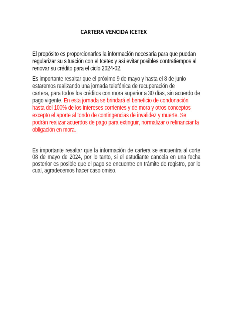 Cartera Vencida Icetex | PDF