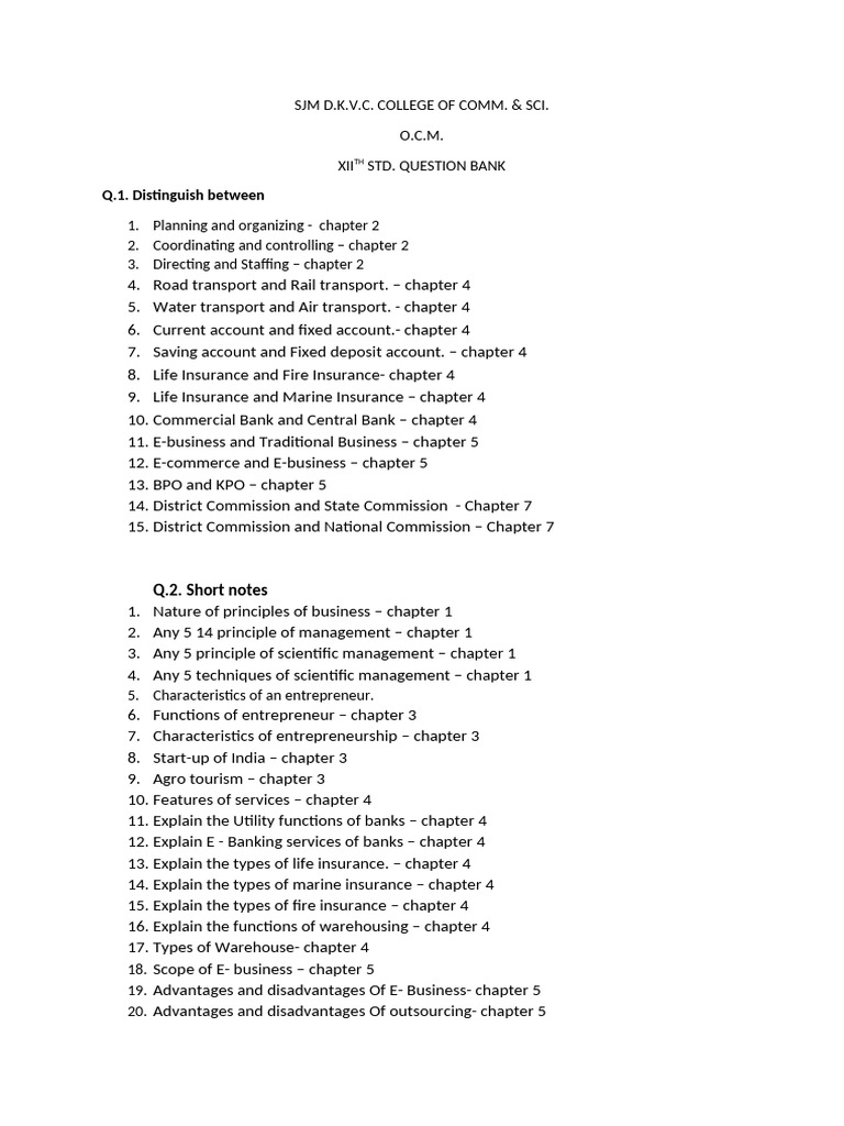 12th OCM QUESTION BANK 2024-2025 ALL | PDF | Marketing | Business Process