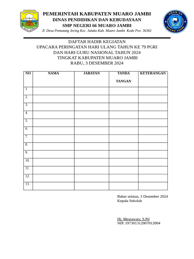 Conoth Format Daftar Hadir HUT PGRI | PDF