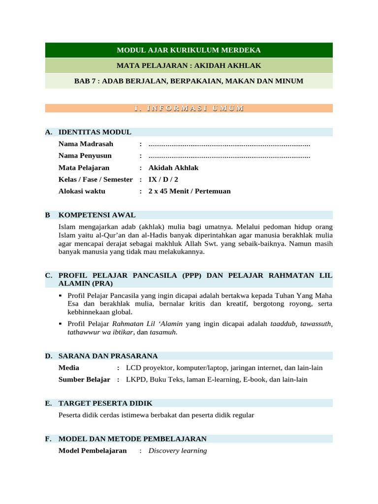 Modul Ajar Akidah Akhlak Kelas 9 Bab 7 | PDF
