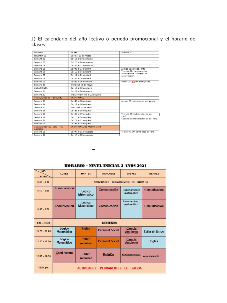CALENDARIO DEL AÑO LECTIVO Y HORARIO DE CLASES (1) | PDF