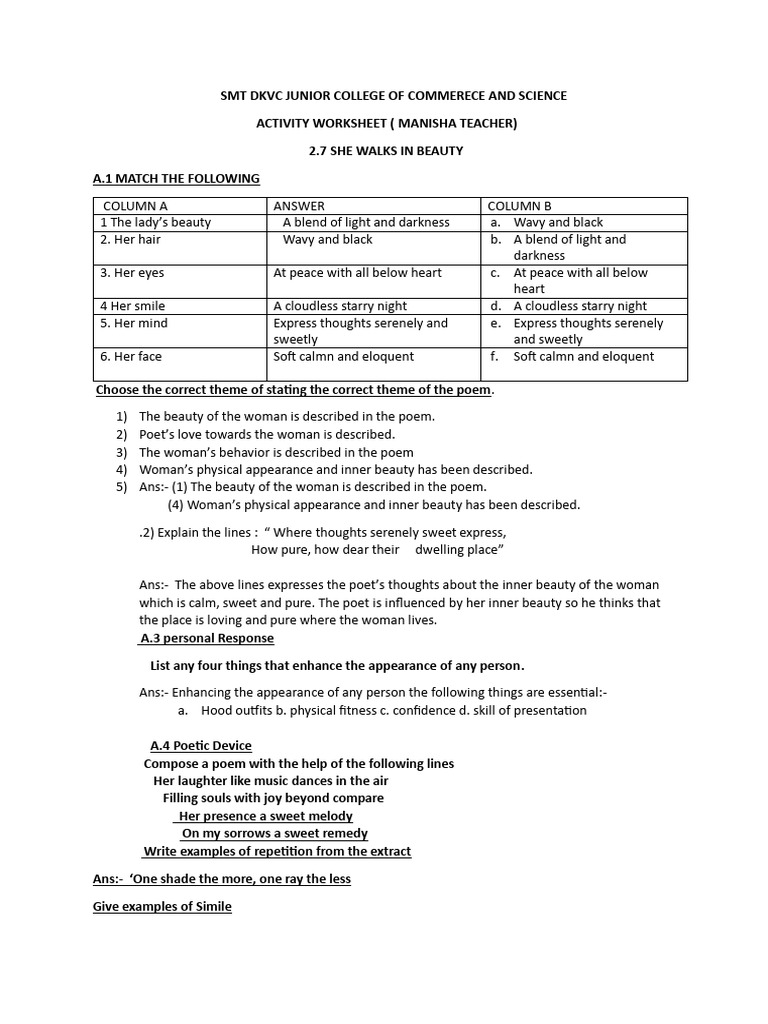 Analysis of "She Walks in Beauty" Poem | PDF | Poetry | Beauty