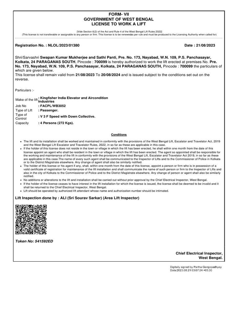 West Bengal Lift Operating License 2023 | PDF | Inspector | Elevator
