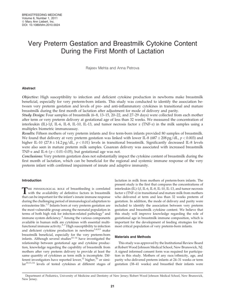 Very Preterm Festation and Breastmilk Cytokine Content During The First ...
