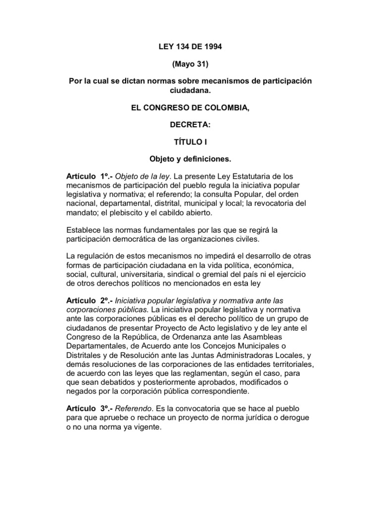Ley 134 de 1994 | PDF | Iniciativa | Votación