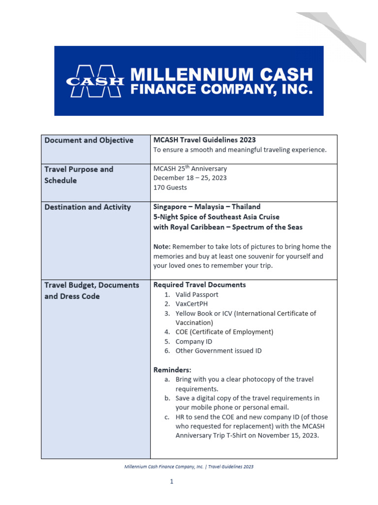 Millennium Cash Finance Company Inc - Travel Guidelines | PDF | Baggage
