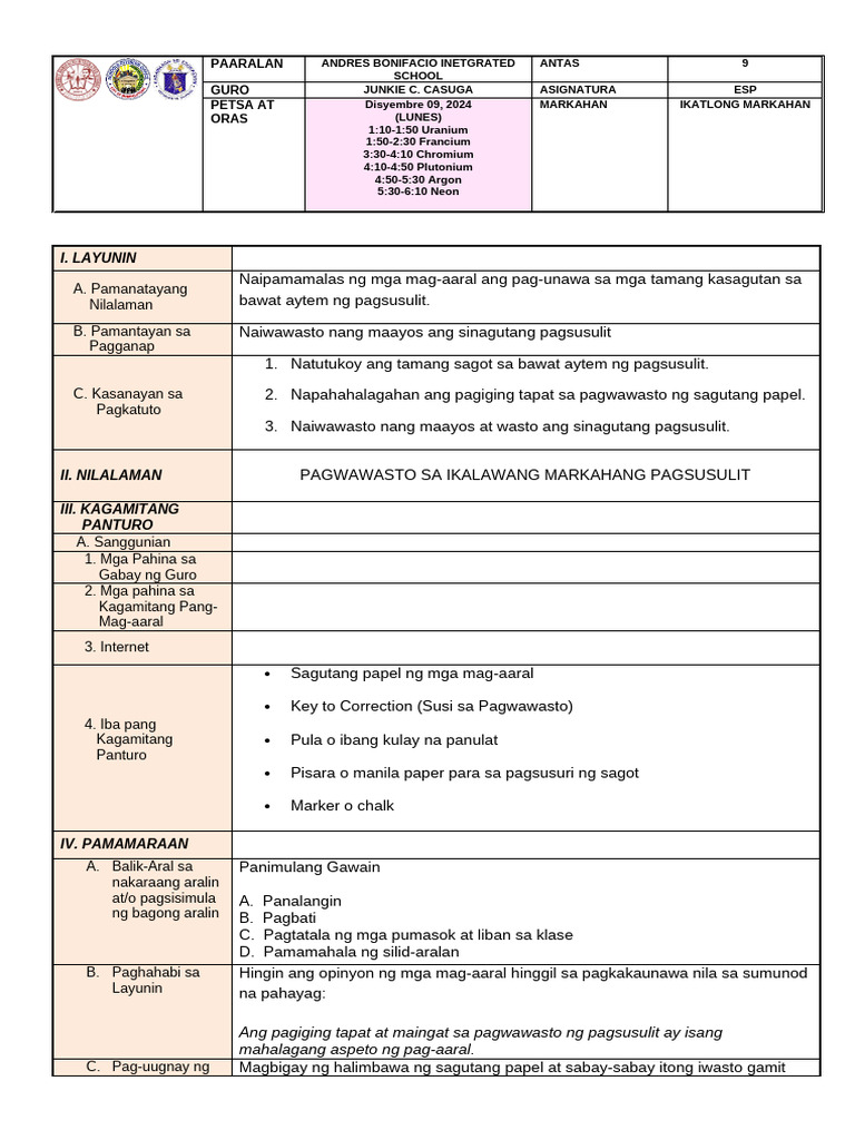 Pagwawasto Sa Markahang Pagsusulit (Dec. 9, 2024) | PDF