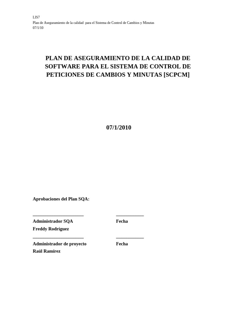 Plan de SQA - Ejemplo1 para El Proyecto SCPCM | PDF | Software | Ingeniería de software
