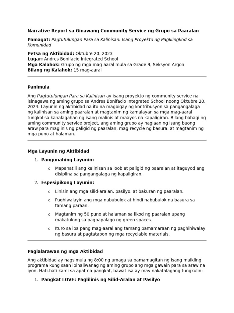 Narrative Report Sa Ginawang Community Service NG Grupo Sa Paaralan | PDF