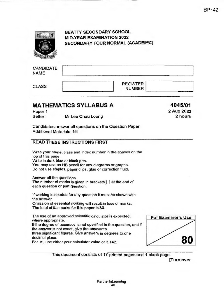 E-Math - Sec 4 NA - Prelims - 2022 - Beatty Sec | PDF | Area ...
