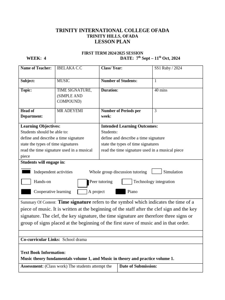 SS 1 MUSIC LESSON PLAN WEEK 4 | PDF | Music Theory | Elements Of Music