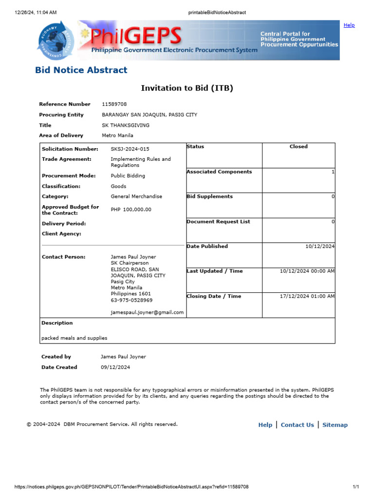 Printable Bid Notice Abstract | PDF